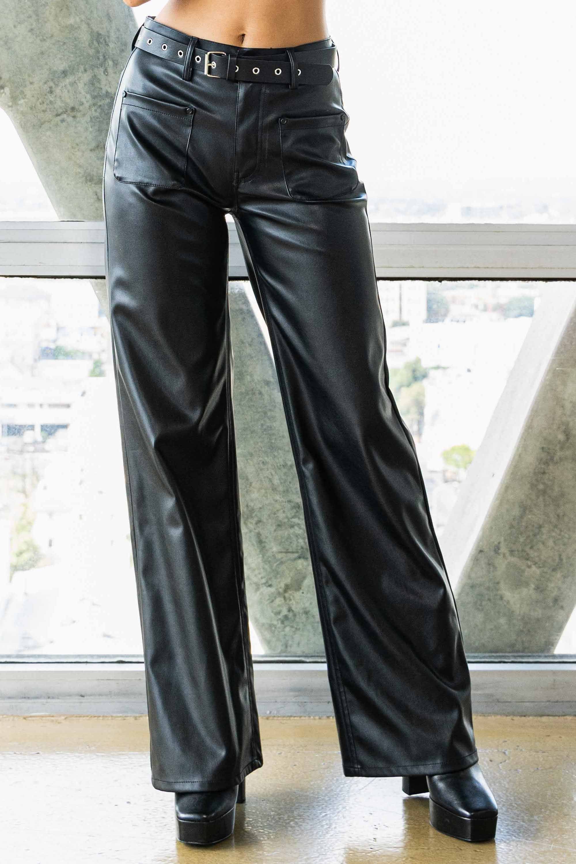 Vegan Leather Belted Wide Leg Pants – Vibrant miu Vegan Leather Belted Wide Leg Pants – Vibrant miu