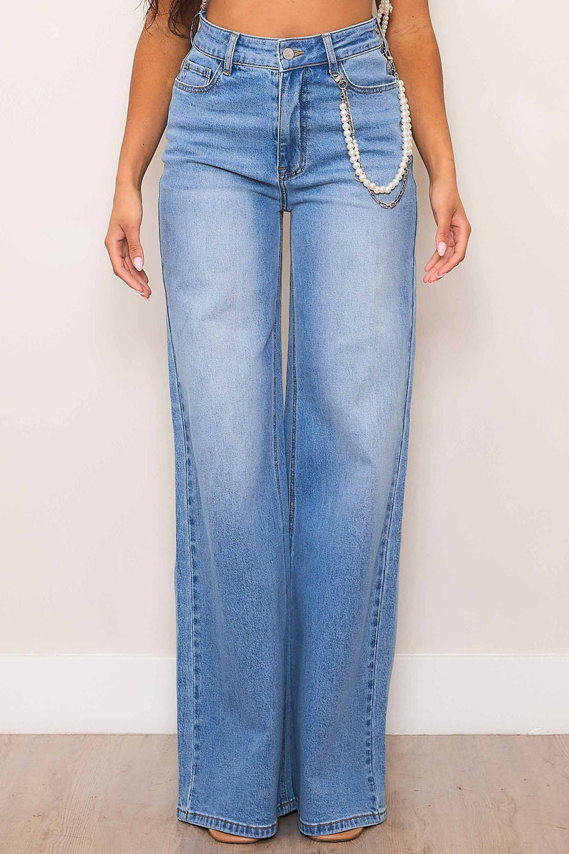 High-Rise Wide Leg Jeans With Pearl String – Vibrant miu