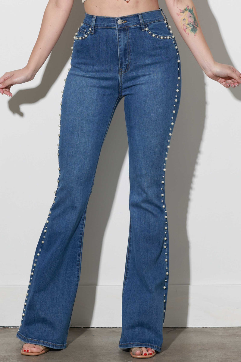[XPT344] Pearl Detailed Flare Jeans – Vibrant miu